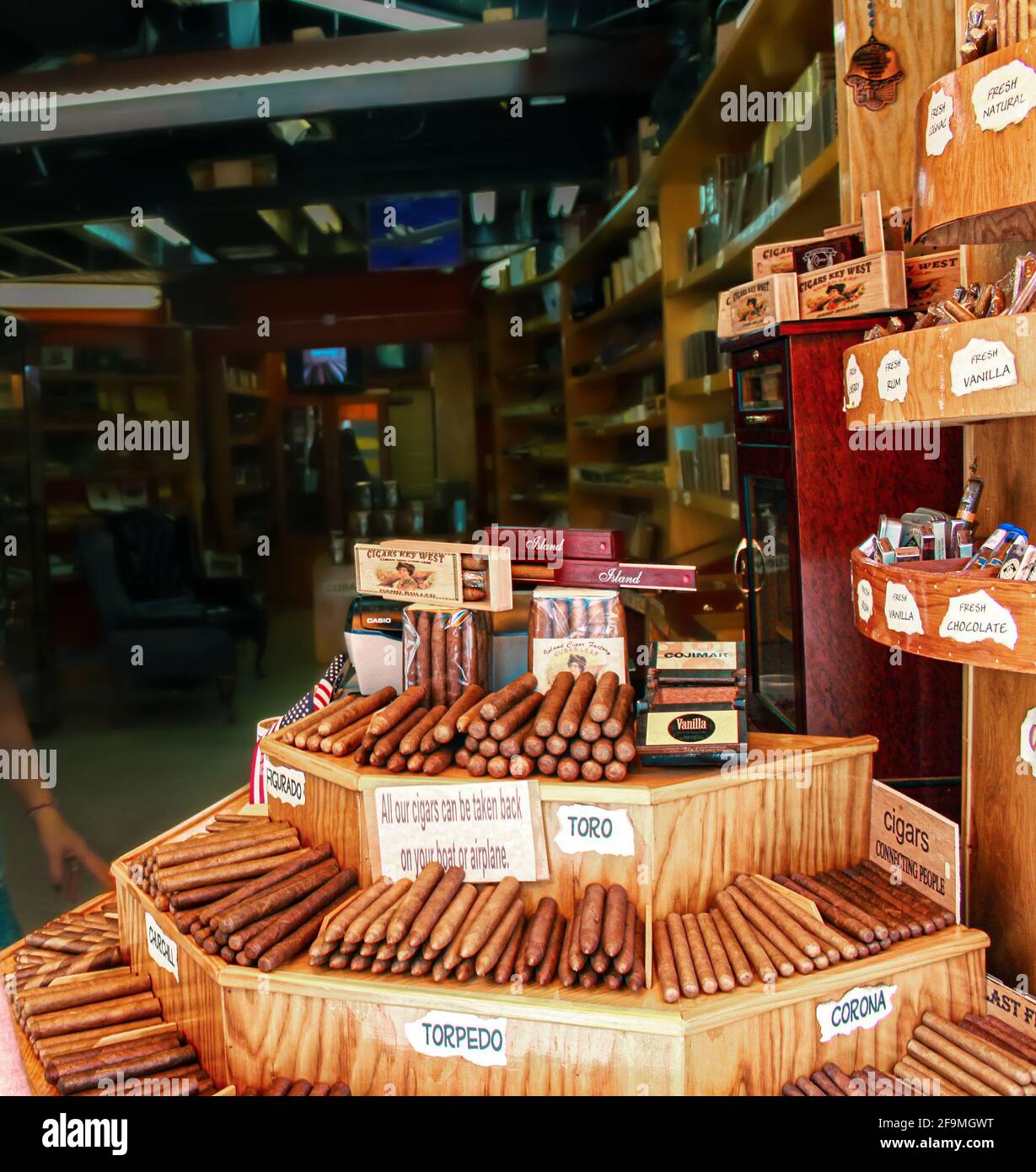 Aug 3 2010 Key West Florida USA Cuban cigars for sale piled on wooden ...