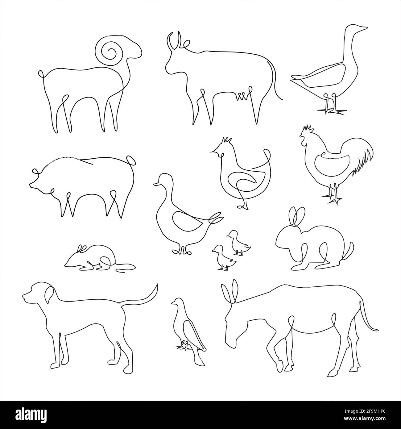 One Line Animals Set. Farm animals one line hand drawing, Vector ... One Line Animals Set. Farm animals one line hand drawing, Vector ...