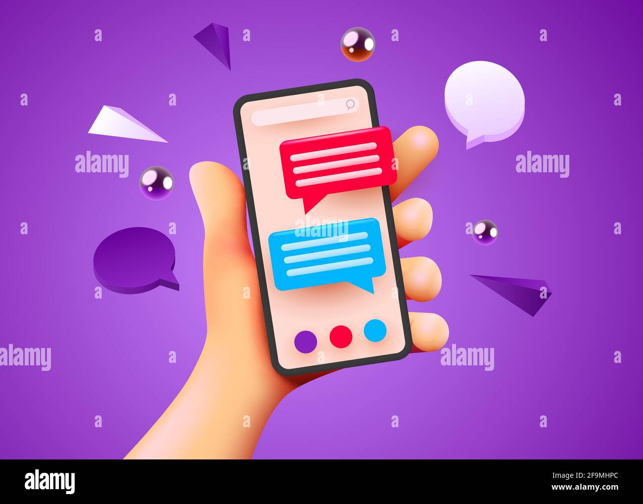Cute hand holding phone with short messages. Chatting with friends and ...