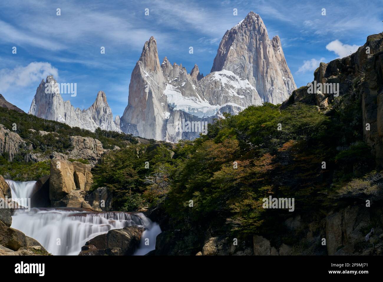 waterfall overlooking Mount Fitz Roy Stock Photo - Alamy