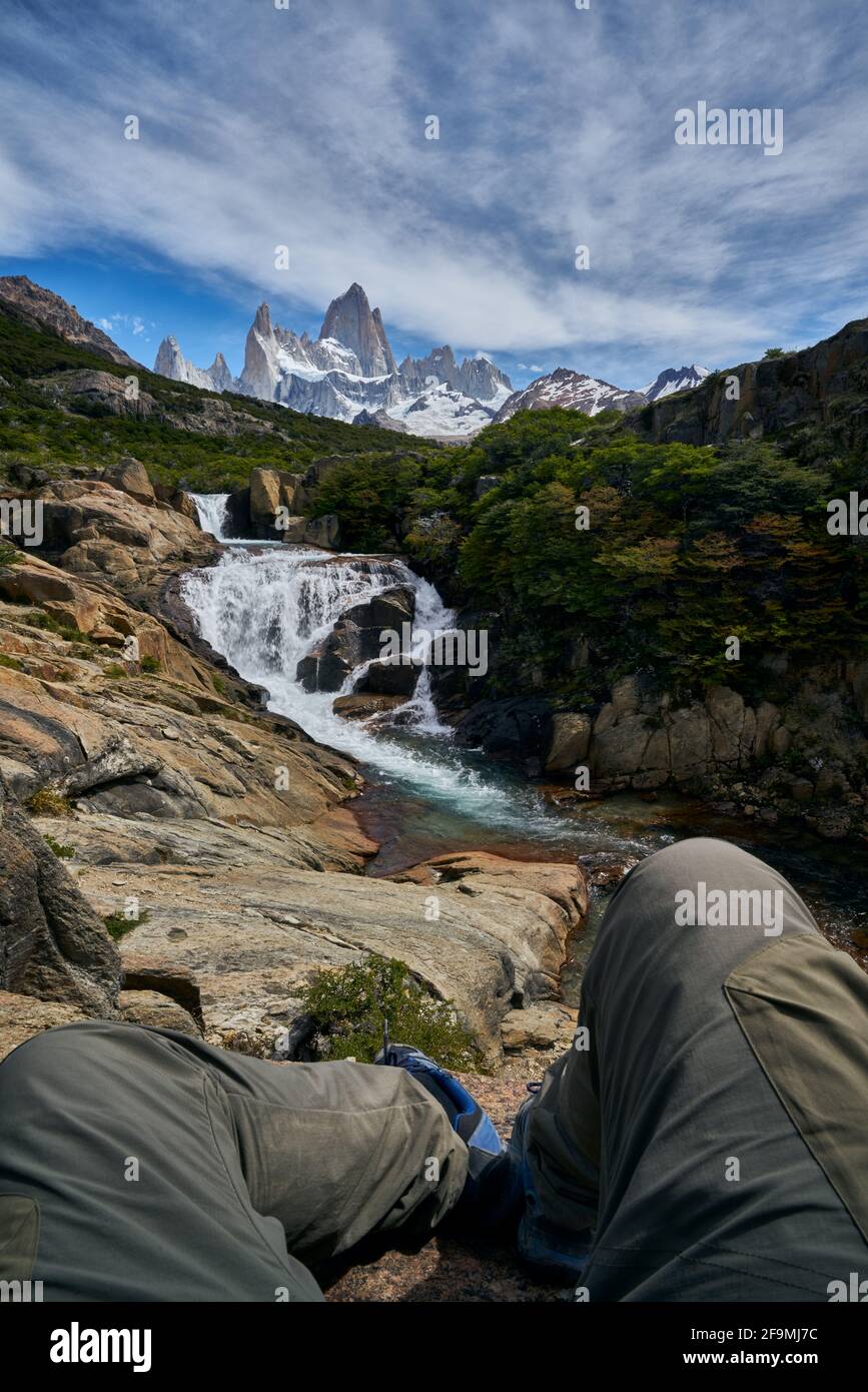 waterfall overlooking Mount Fitz Roy Stock Photo - Alamy