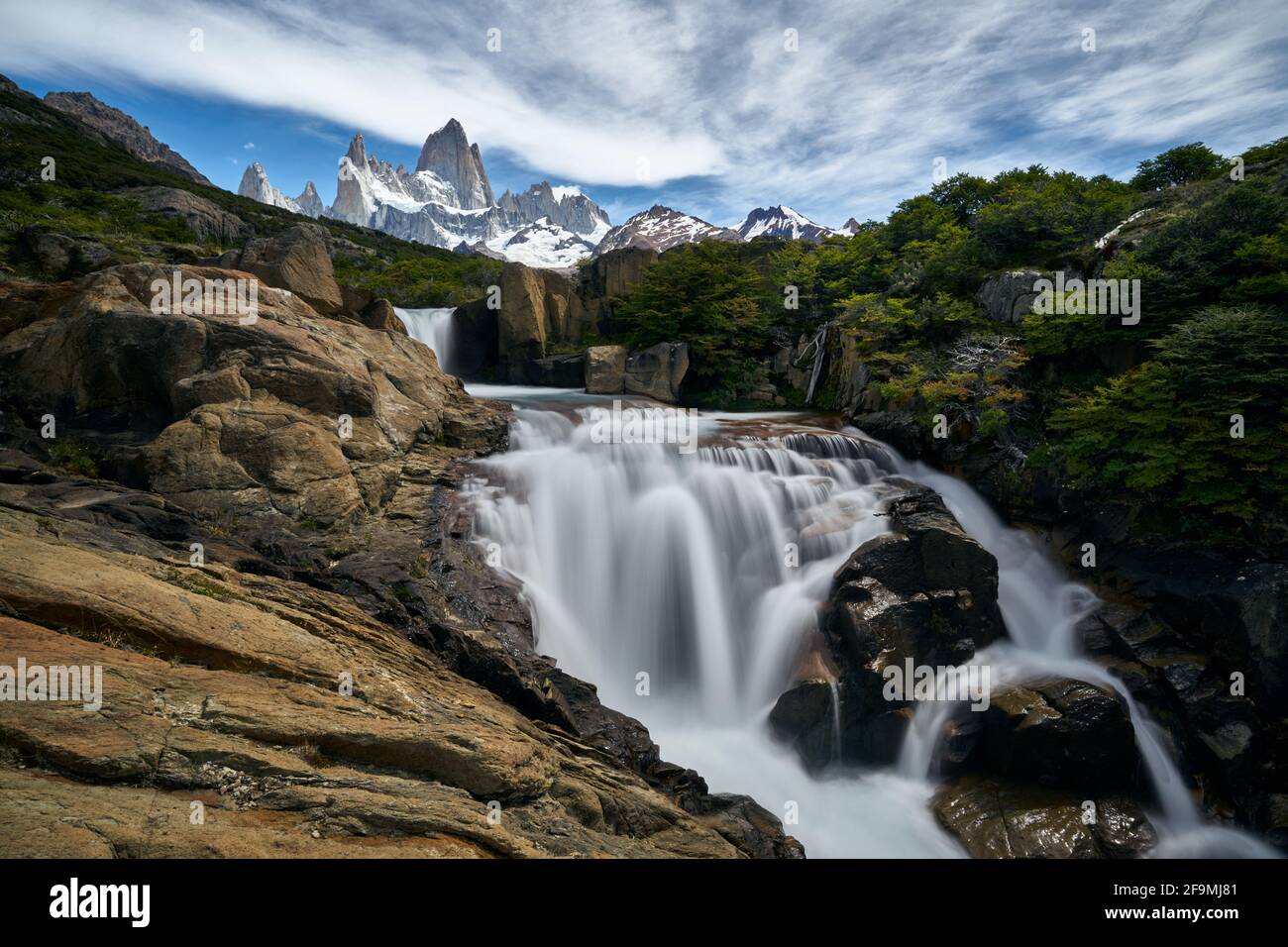 waterfall overlooking Mount Fitz Roy Stock Photo - Alamy