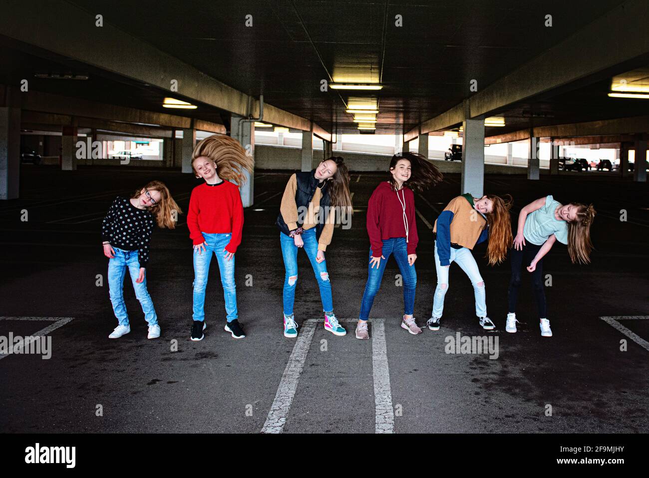 Group of 6 cute Tween girls hanging out having fun in the city Stock ...