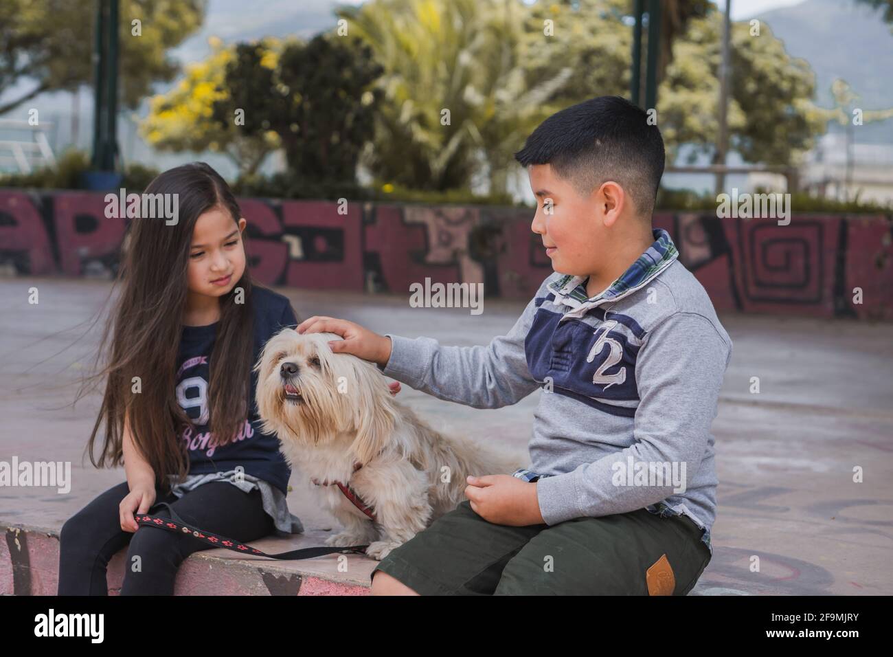 Children friends walking with their pet Stock Photo - Alamy