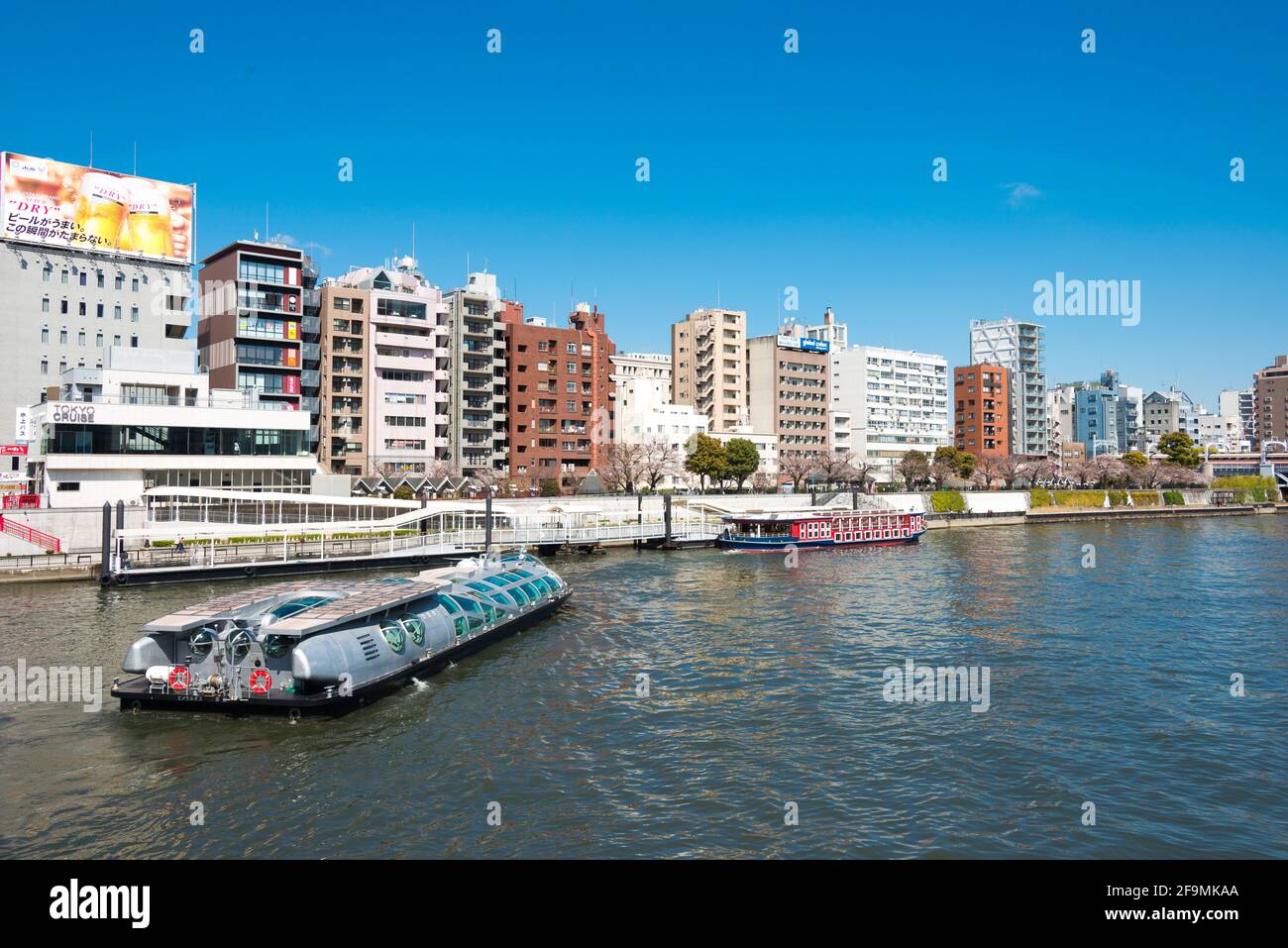 Tokyo, Japan - Water bus at Sumida River (Sumidagawa) view from Azuma ...