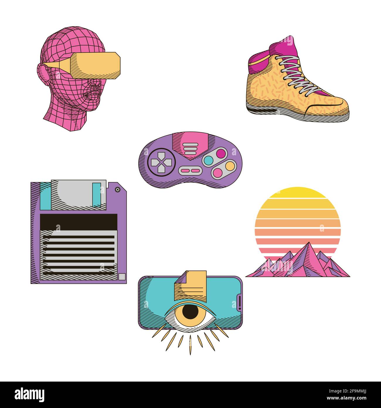 six retrofuturistic art tech icons Stock Vector Image & Art - Alamy