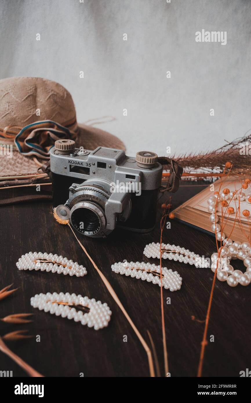 Design and fashion flat lay camera Stock Photo - Alamy