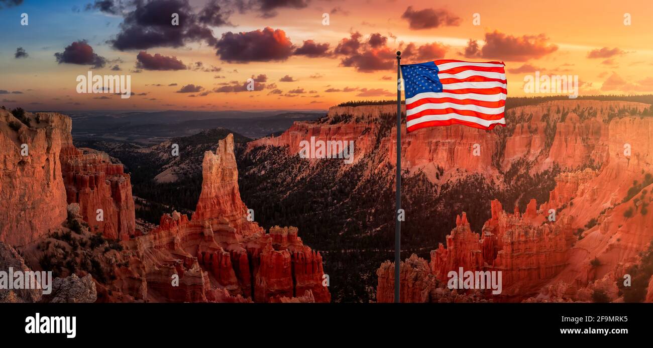 American National Flag with beautiful American Canyon Landscape Stock ...
