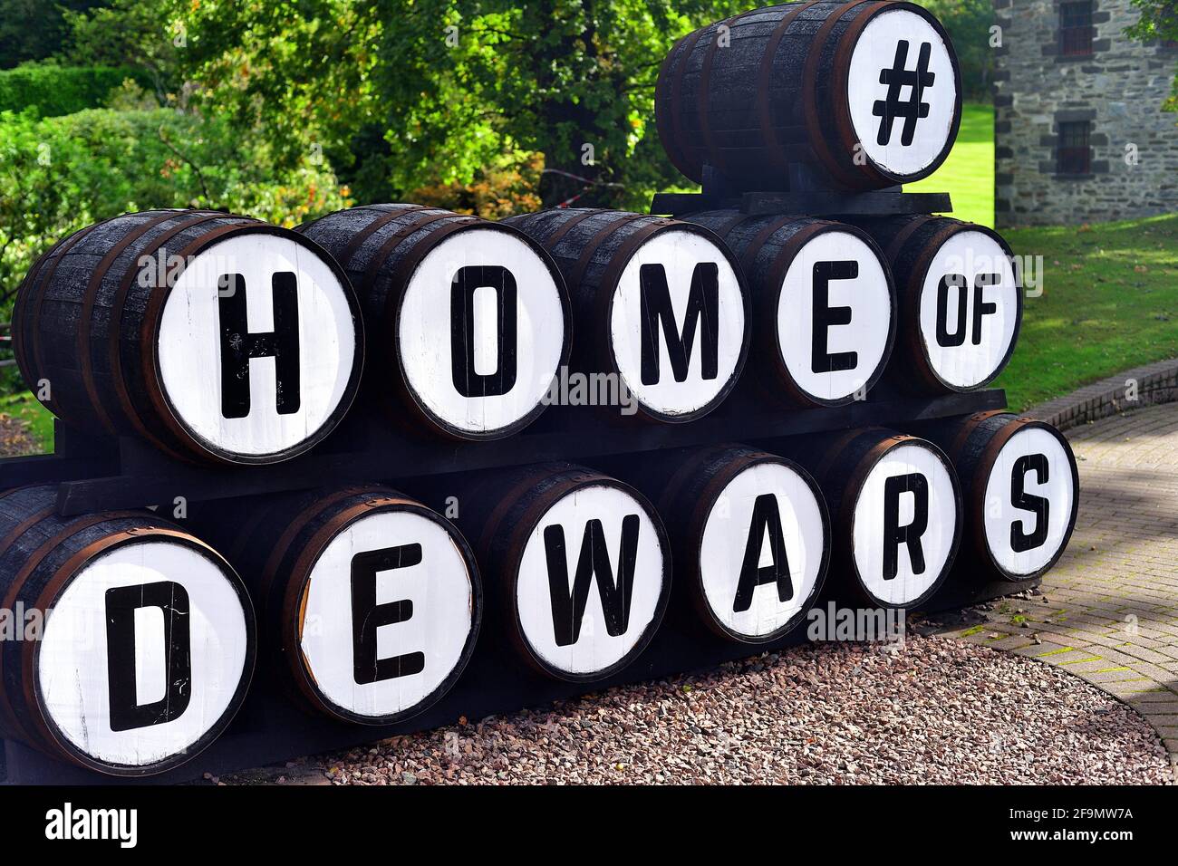 Aberfeldy, Scotland, United Kingdom. An identity sign at the Dewar's ...