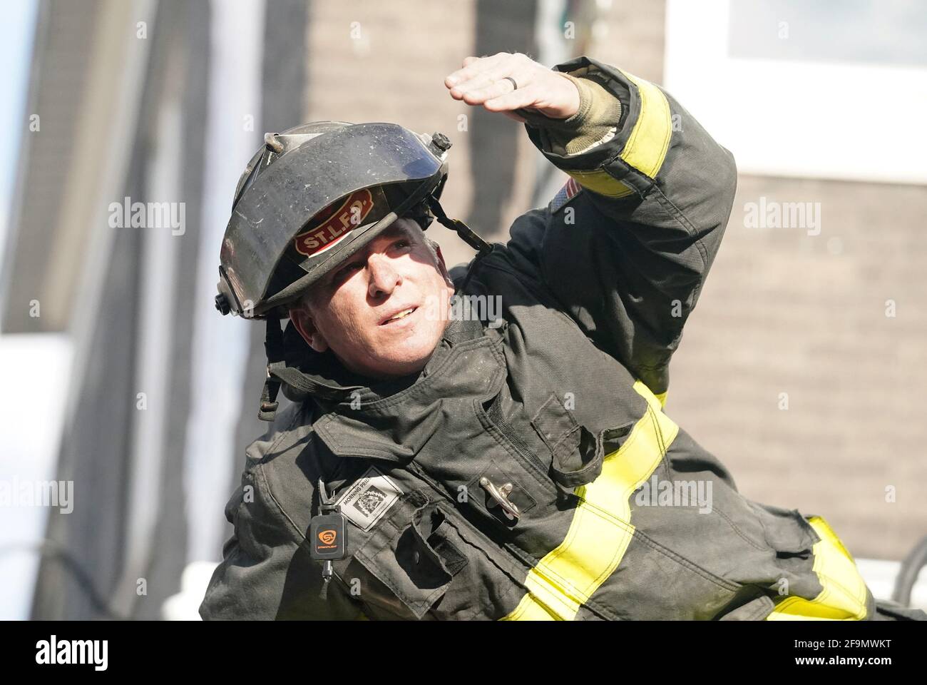 St. Louis, United States. 19th Apr, 2021. A St. Louis firefighter ...