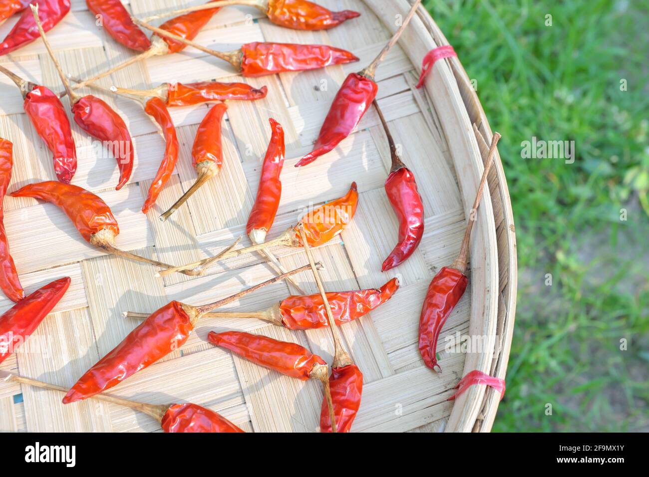 Whole dried red chili or hot pepper top view on natural background with ...