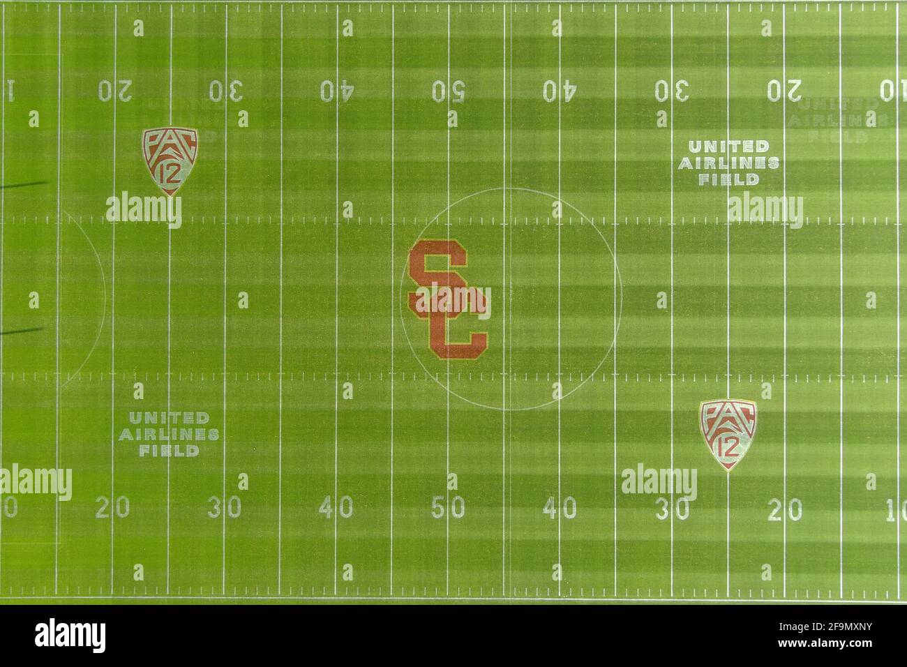 An aerial view of the SC logo at midfield of the football field at the ...