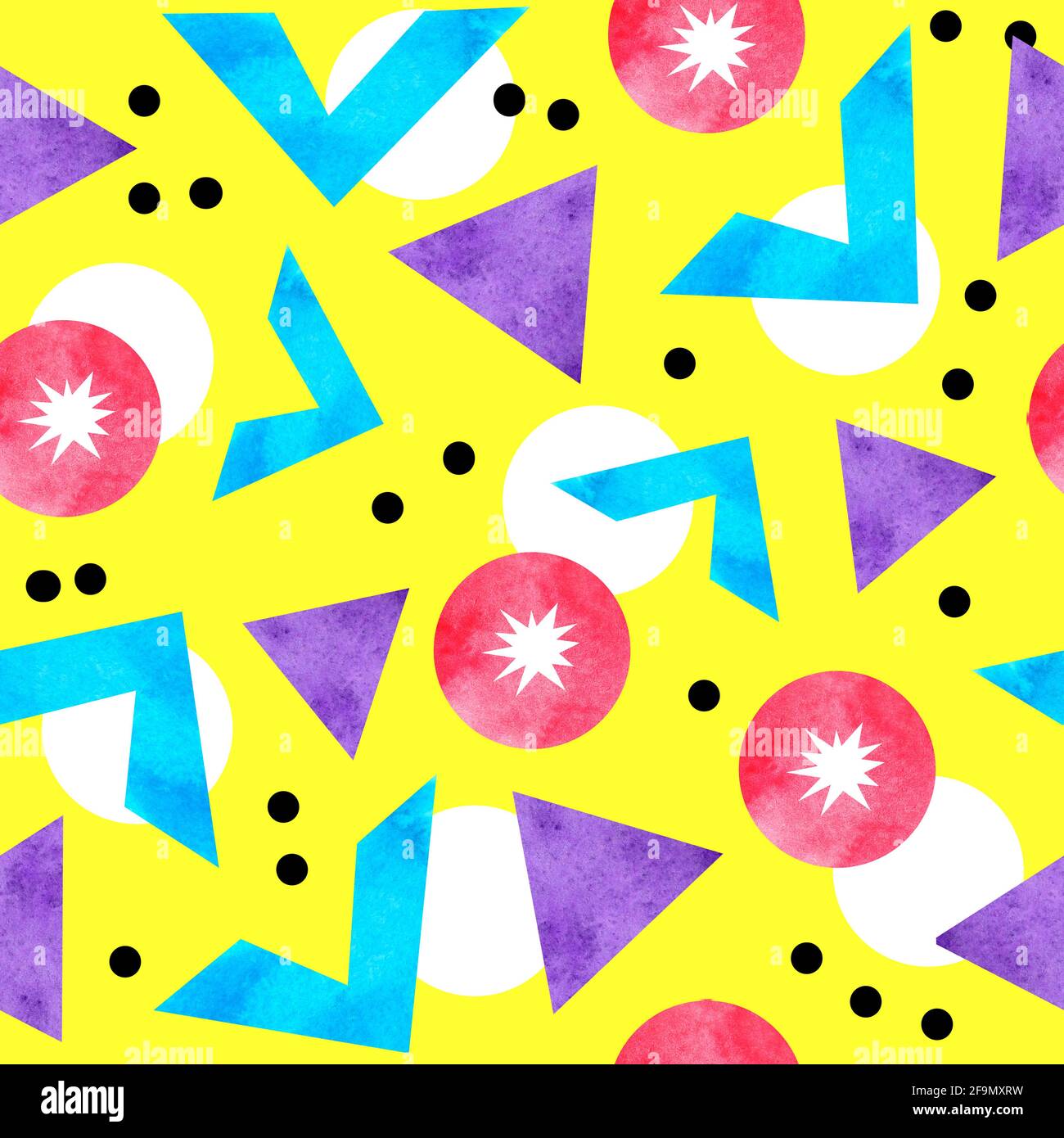 Watercolor seamless hand drawn pattern of 90s 80s memphis abstract ...