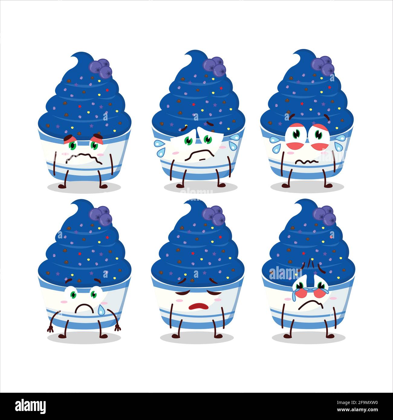 Ice cream blueberry cup cartoon character with sad expression. Vector ...