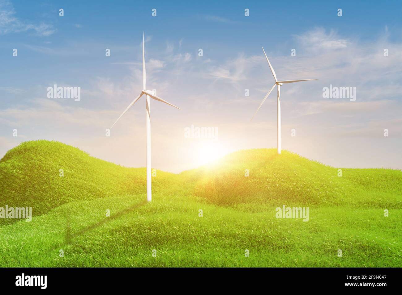 3d rendering. Landscape with wind turbine in green field over blue sky ...
