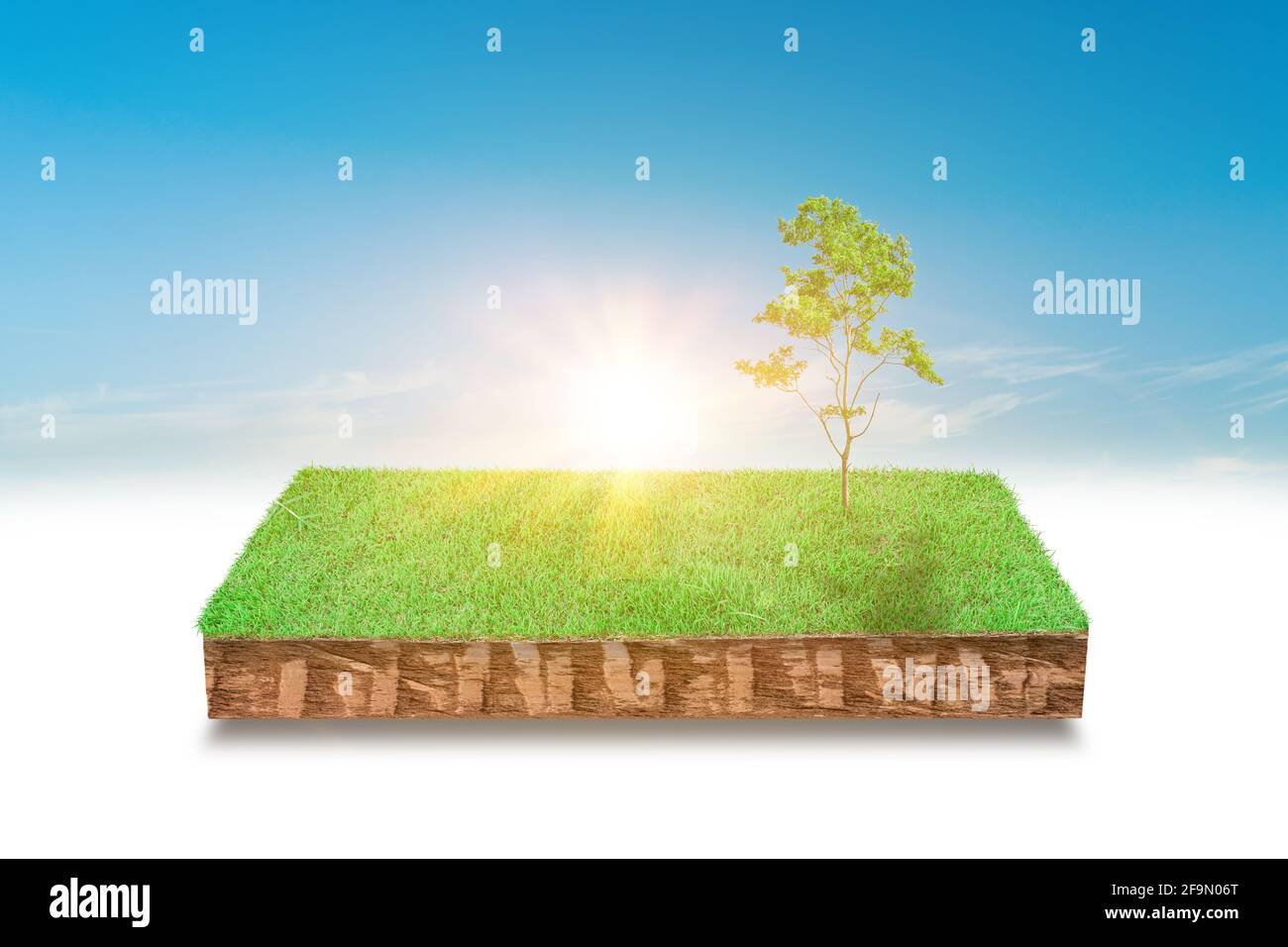 3d illustration of cubical soil slice, green grass with trees floating ...