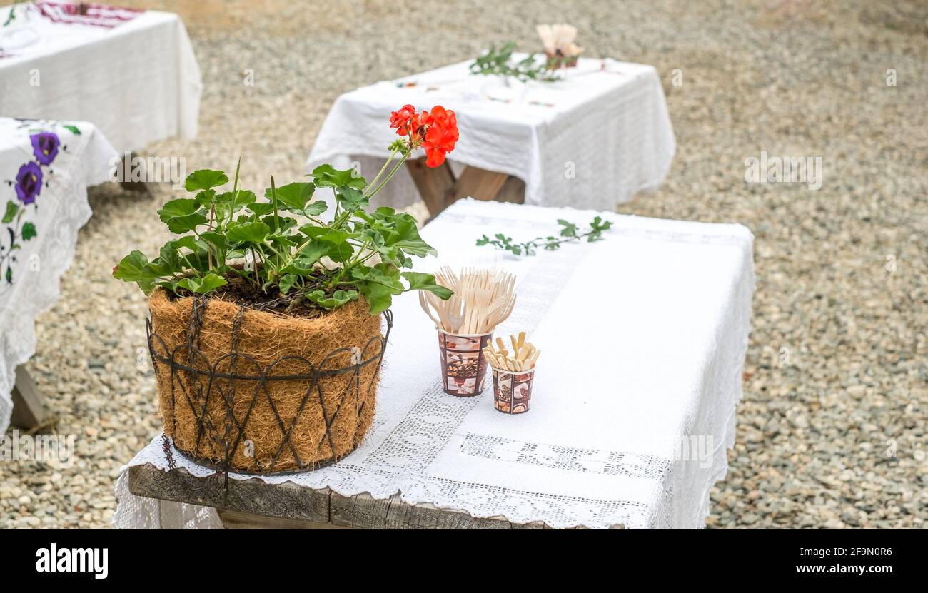 Romanian traditional empty table with towels Stock Photo - Alamy