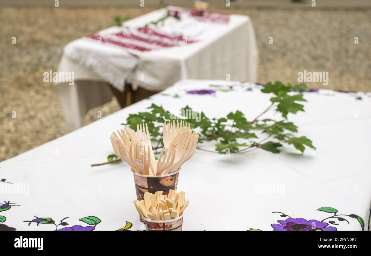 Romanian traditional empty table with towels Stock Photo - Alamy
