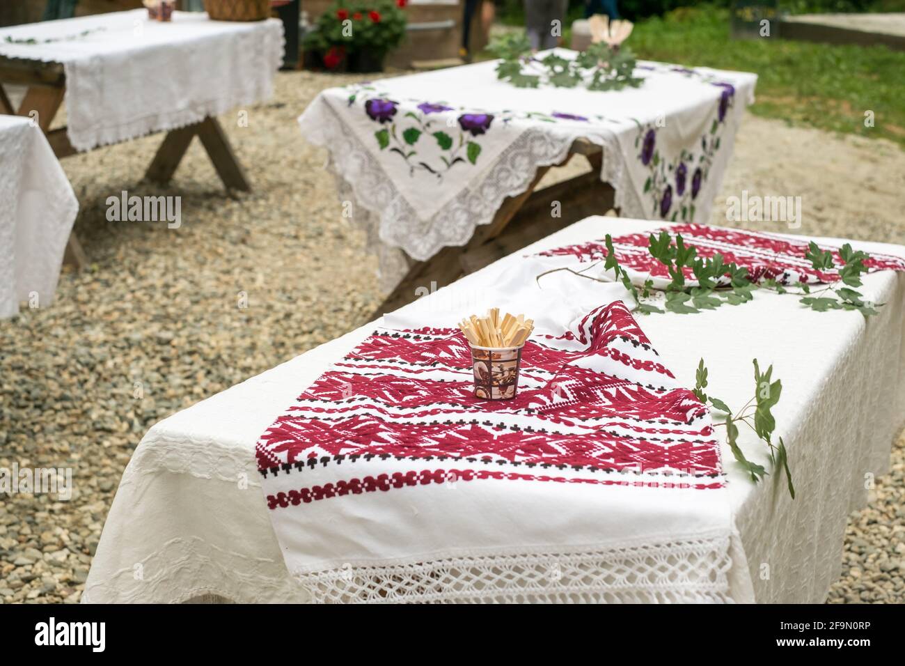 Romanian traditional empty table with towels Stock Photo - Alamy