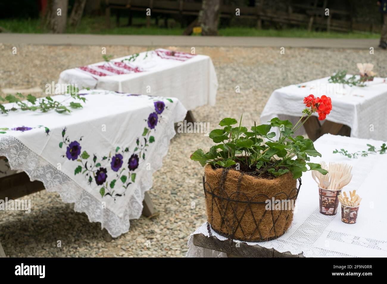 Romanian traditional empty table with towels Stock Photo - Alamy