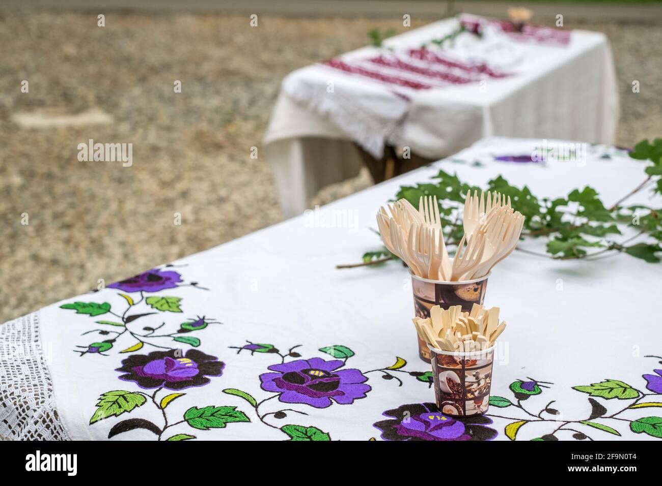 Romanian traditional empty table with towels Stock Photo - Alamy