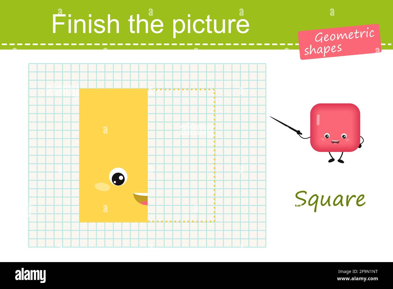 Geometry for children. Finish the picture, square. Cartoon flat style ...