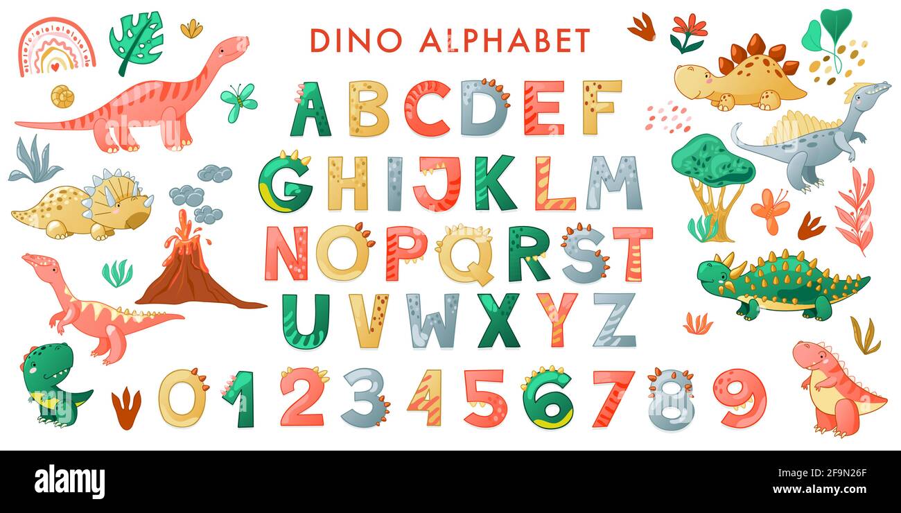 Cartoon cute Dinosaur alphabet. Dino font with letters and numbers. Children Vector illustration ...