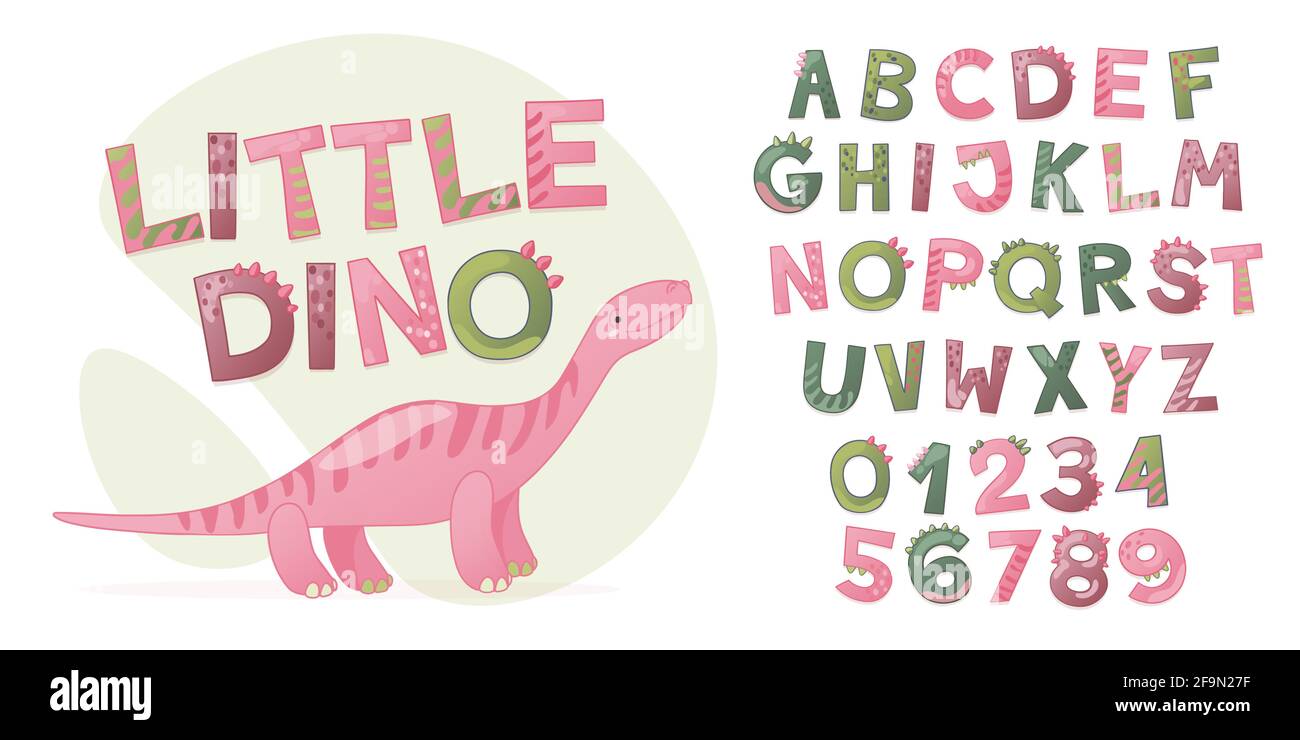 Cartoon cute Dinosaur alphabet for girl. Dino font with letters and numbers. Children Vector ...