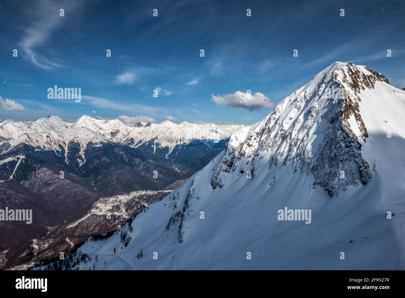 High mountain peaks covered with snow on a clear sunny day Stock Photo ...