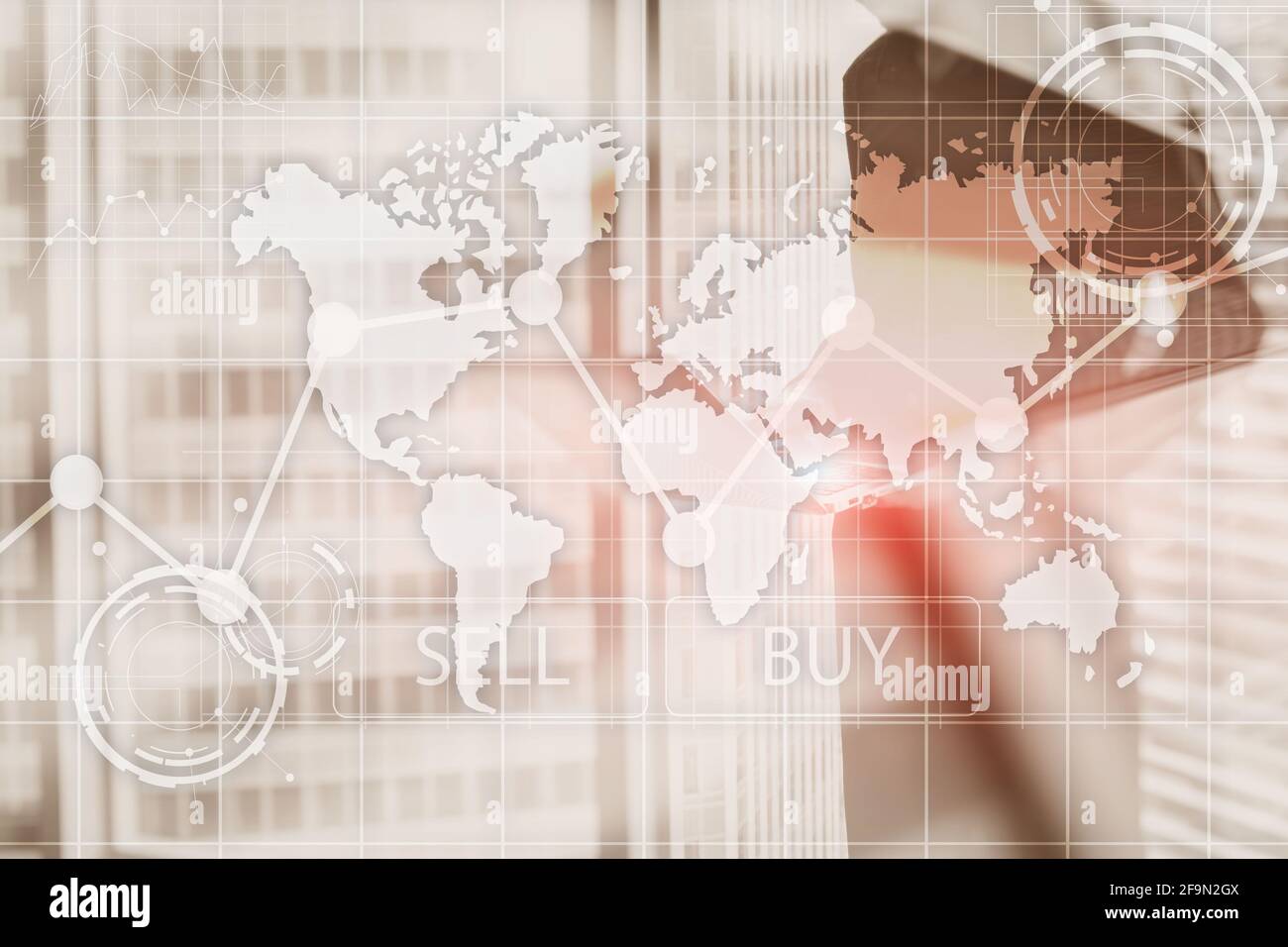 Sell and Buy concept on the background of the world map Stock Photo - Alamy