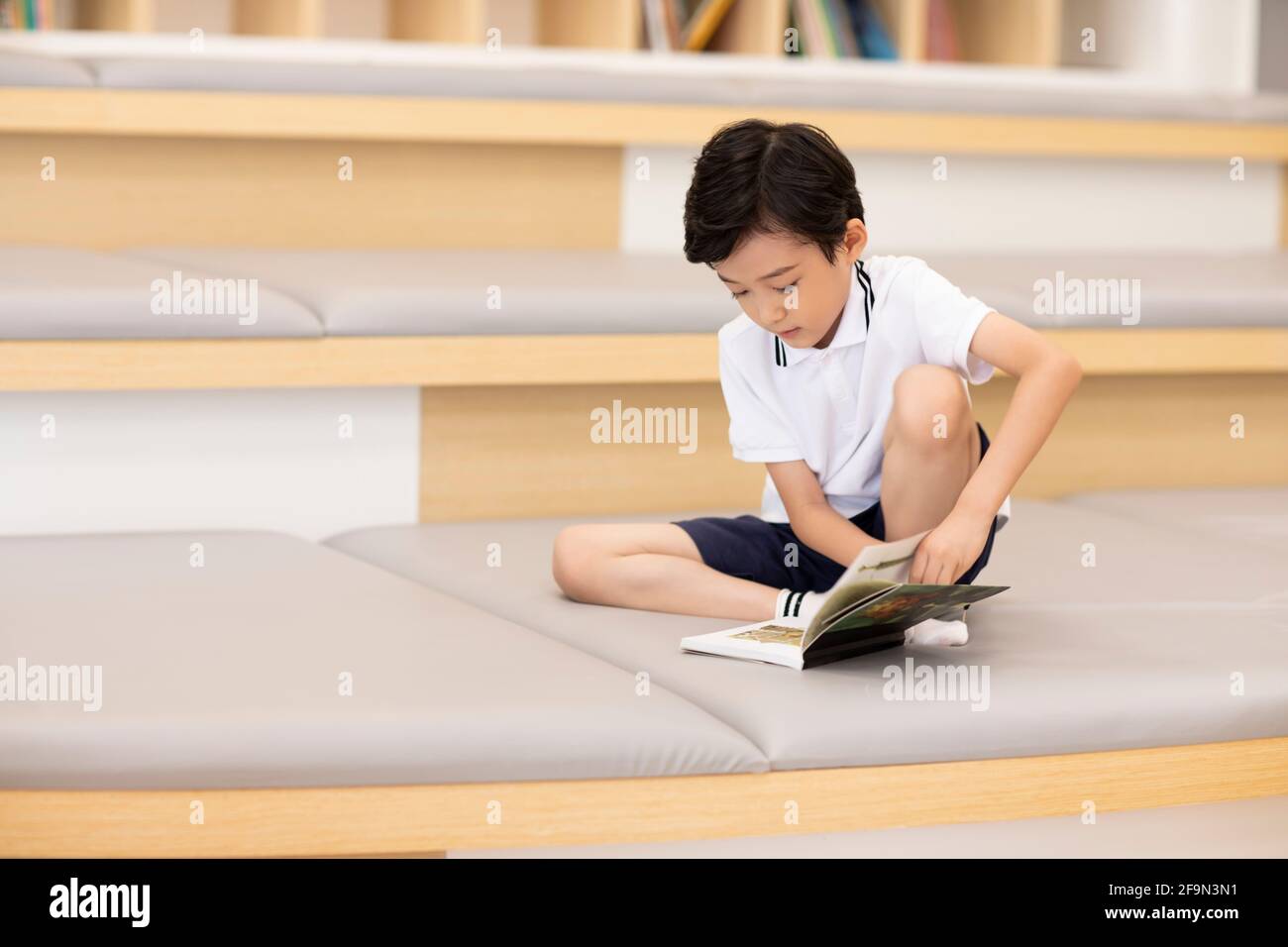 Little boy reading book in library Stock Photo - Alamy