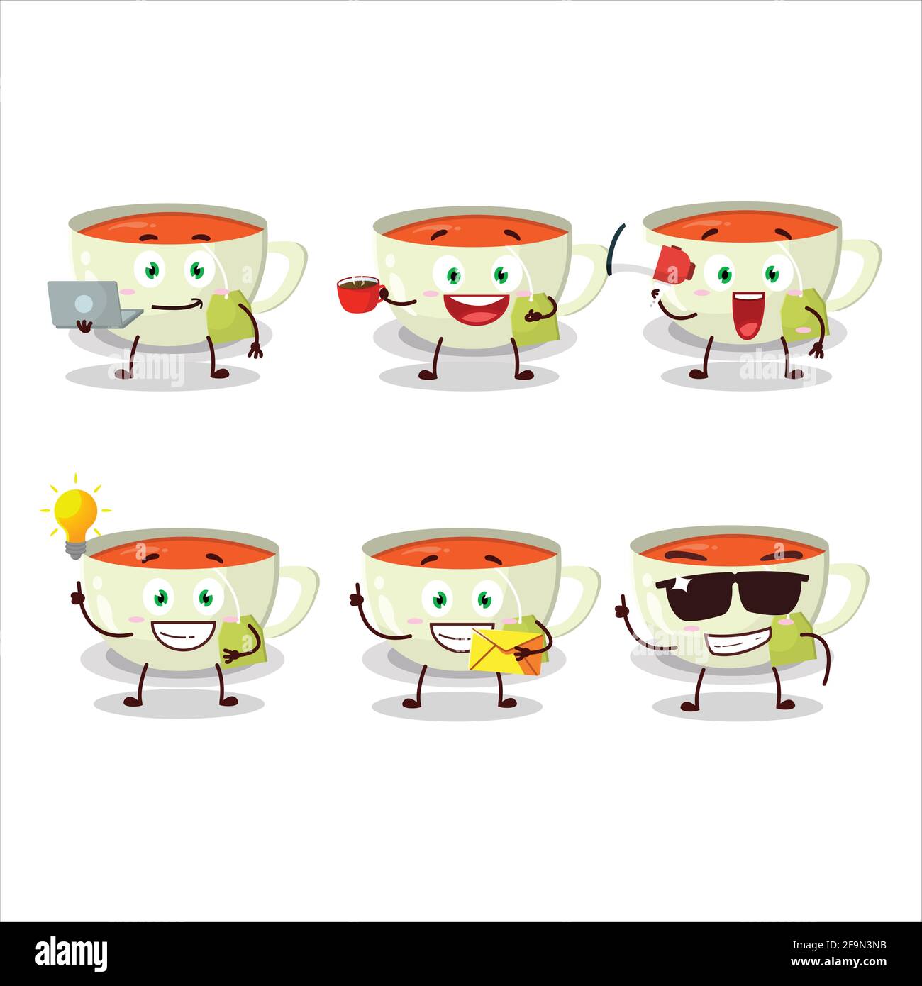 Cup of tea cartoon character with various types of business emoticons ...