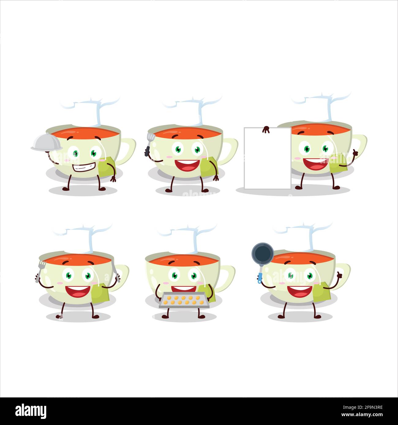 Cartoon character of cup of tea with various chef emoticons. Vector ...