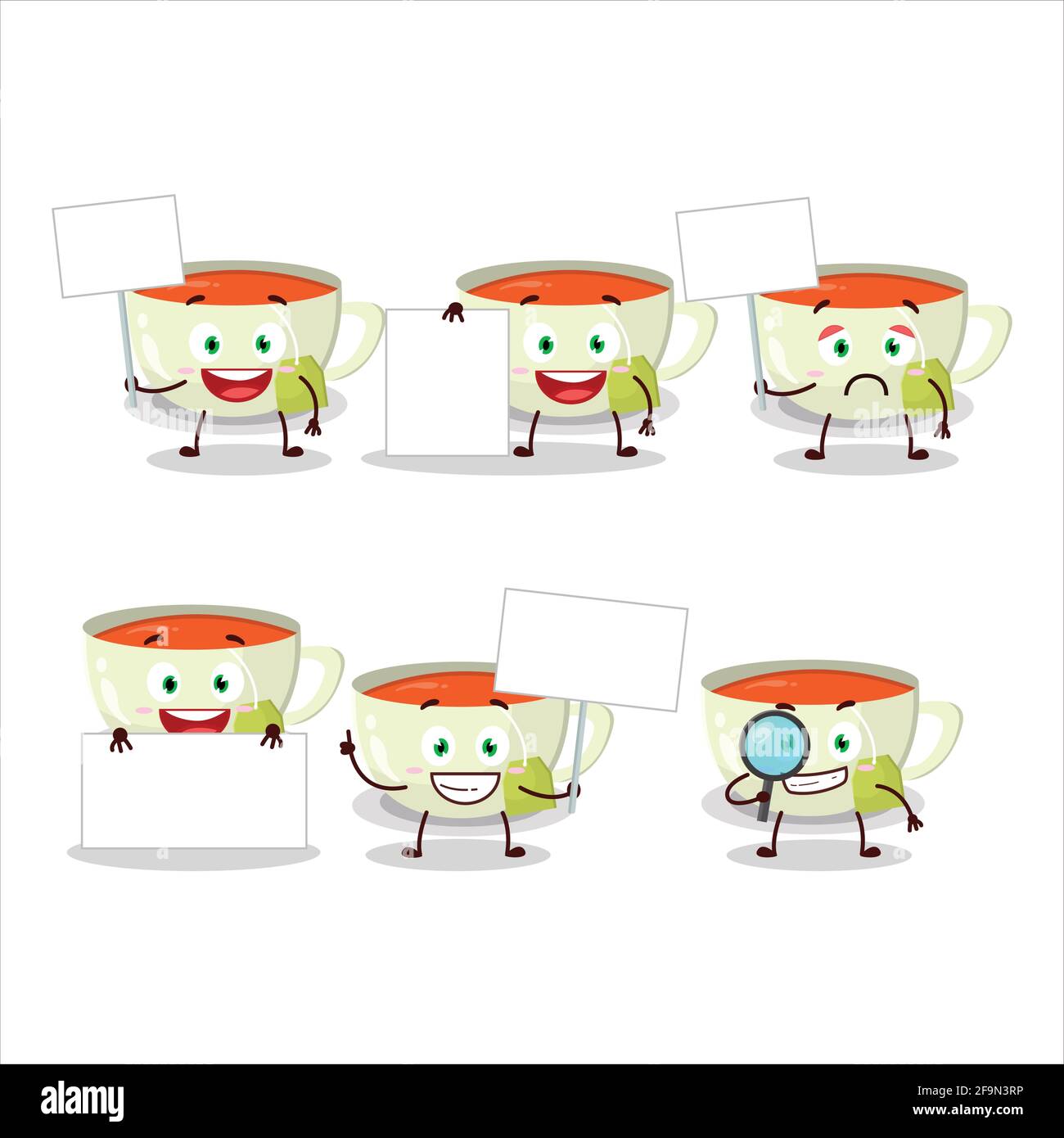 Cup of tea cartoon character bring information board. Vector ...