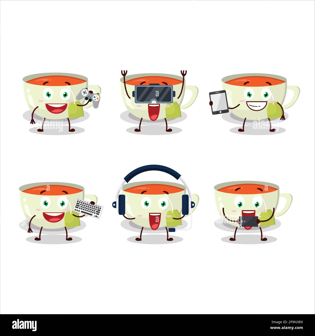 Cup of tea cartoon character are playing games with various cute ...