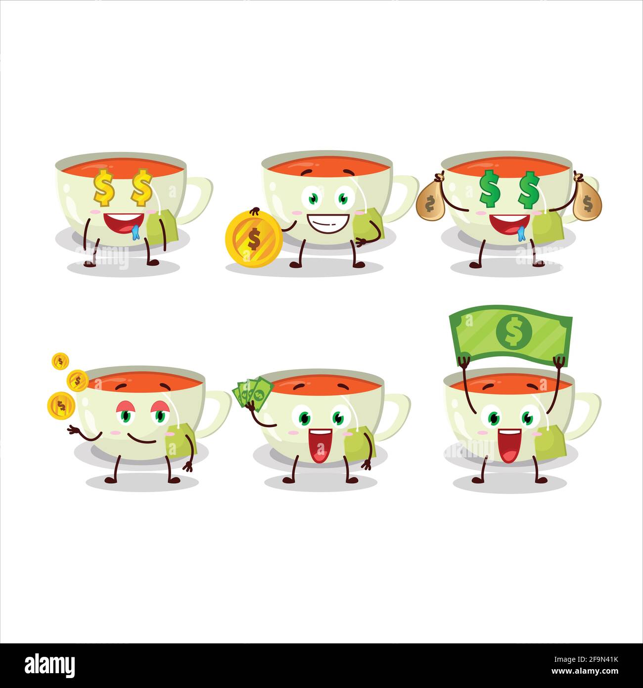 Cup of tea cartoon character with cute emoticon bring money. Vector ...