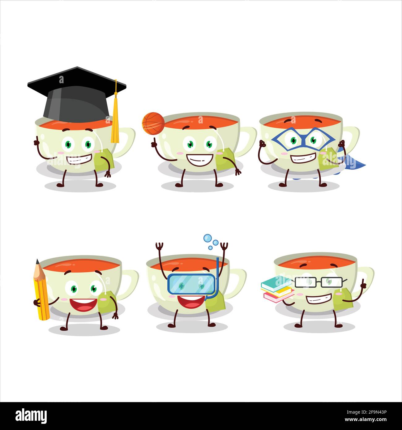 School student of cup of tea cartoon character with various expressions ...