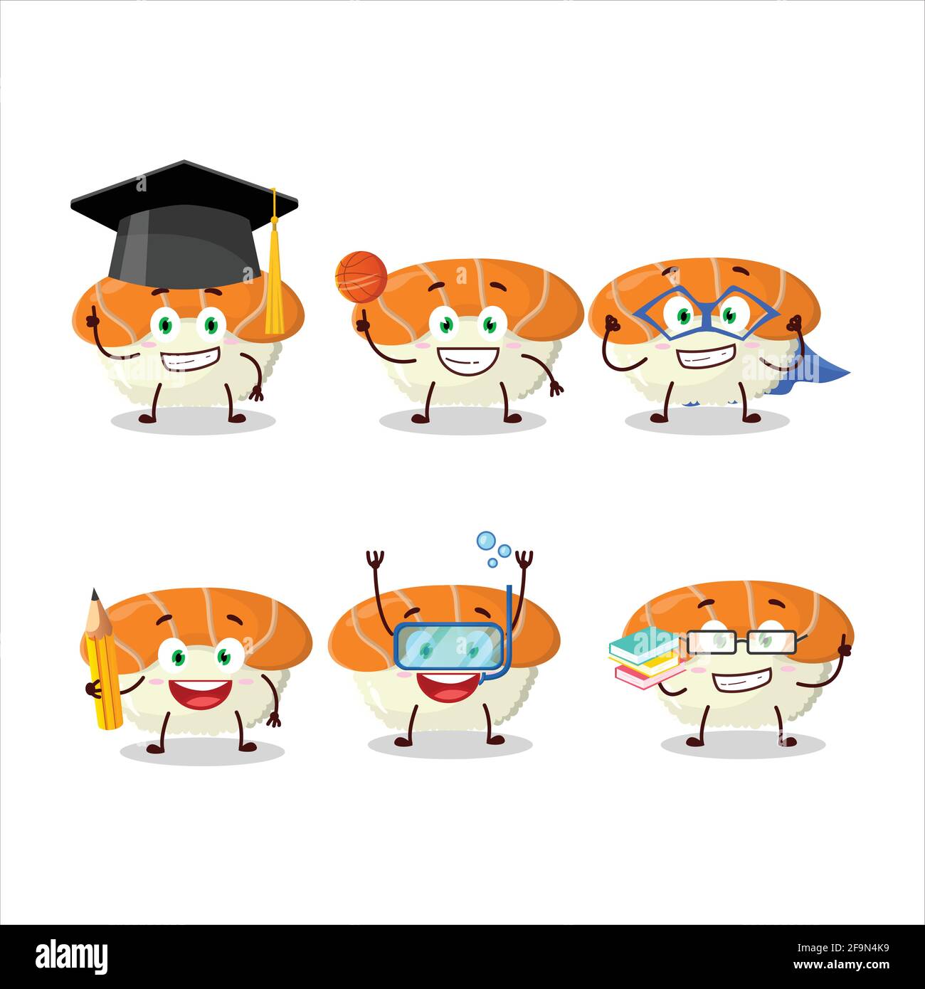 School student of nigiri sushi cartoon character with various ...