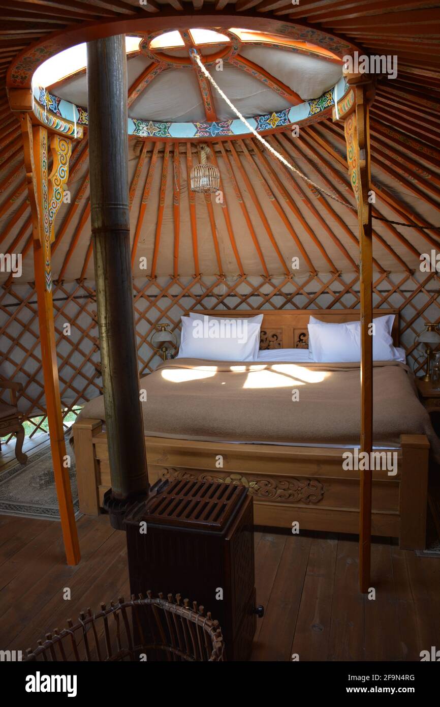 The interior of a guest ger at Three Camel Lodge, Mongolia. The rooms ...