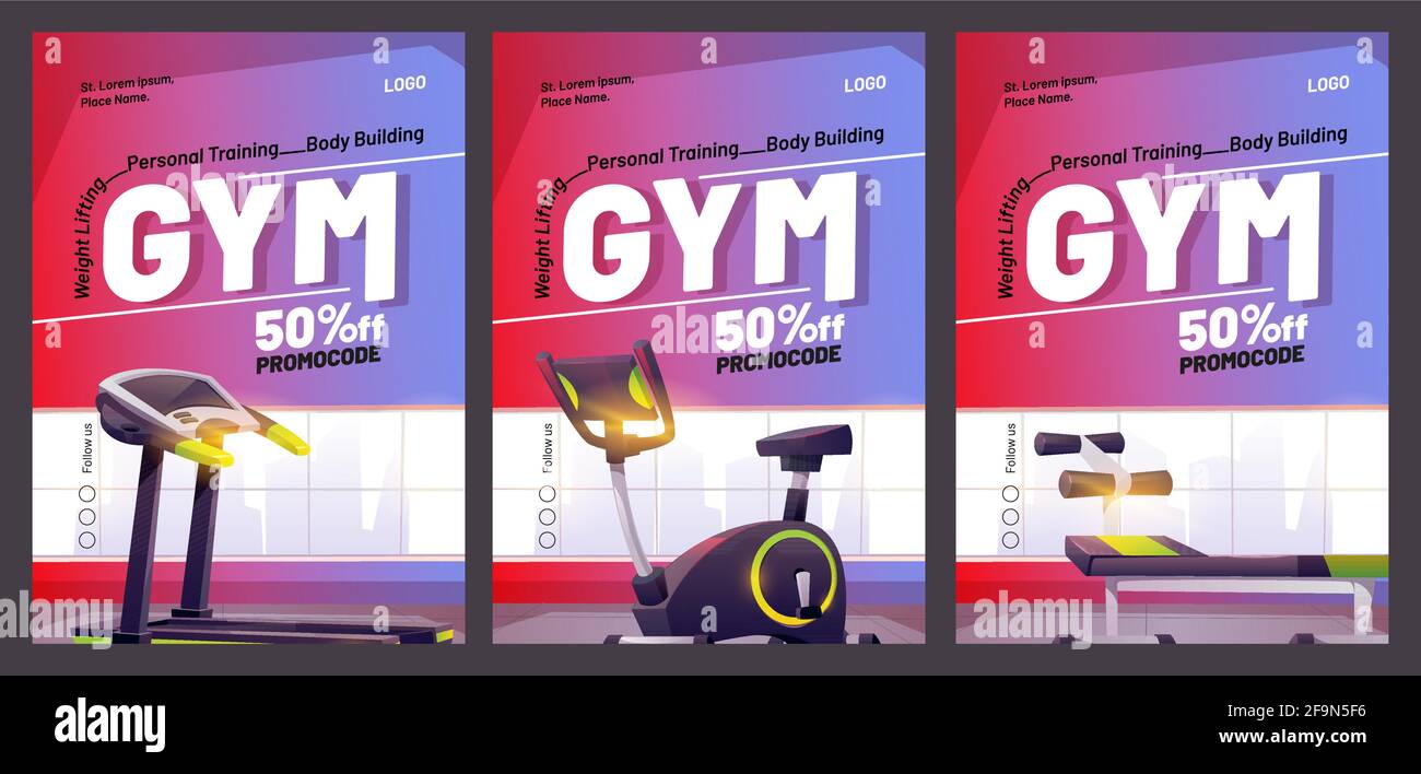 Gym cartoon poster with treadmill. Promotional flyer with promocode for ...