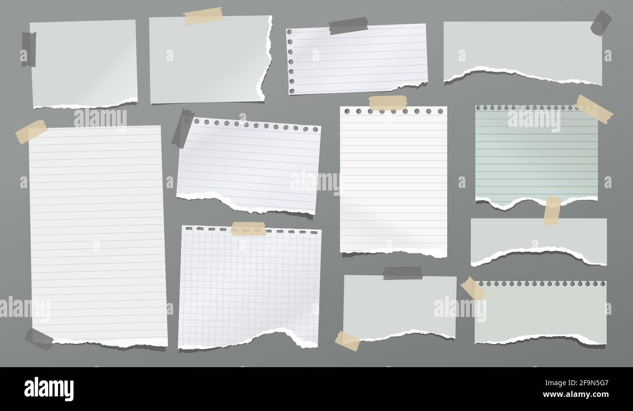 Torn of white and green notebook paper pieces stuck with sticky tape on ...