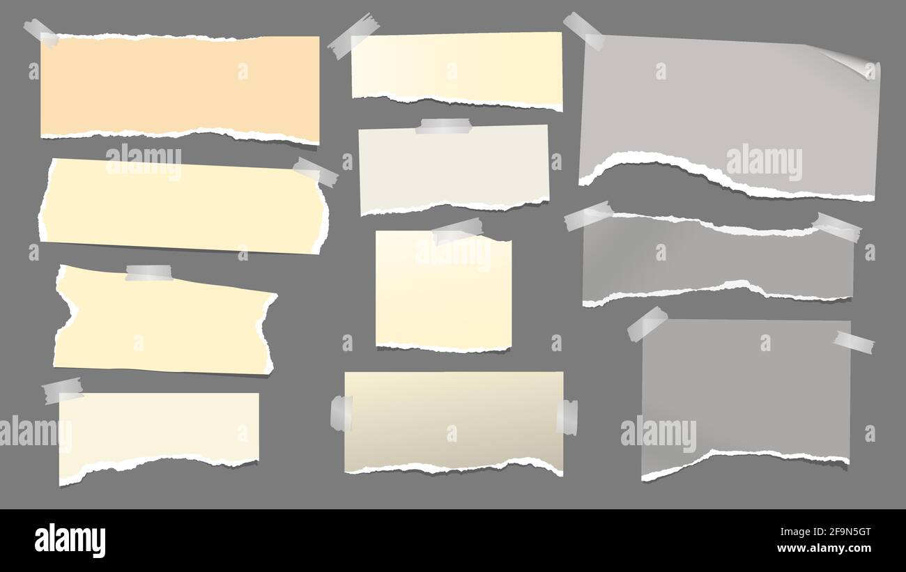 Set of torn yellow, grey note, notebook paper pieces stuck on dark grey ...