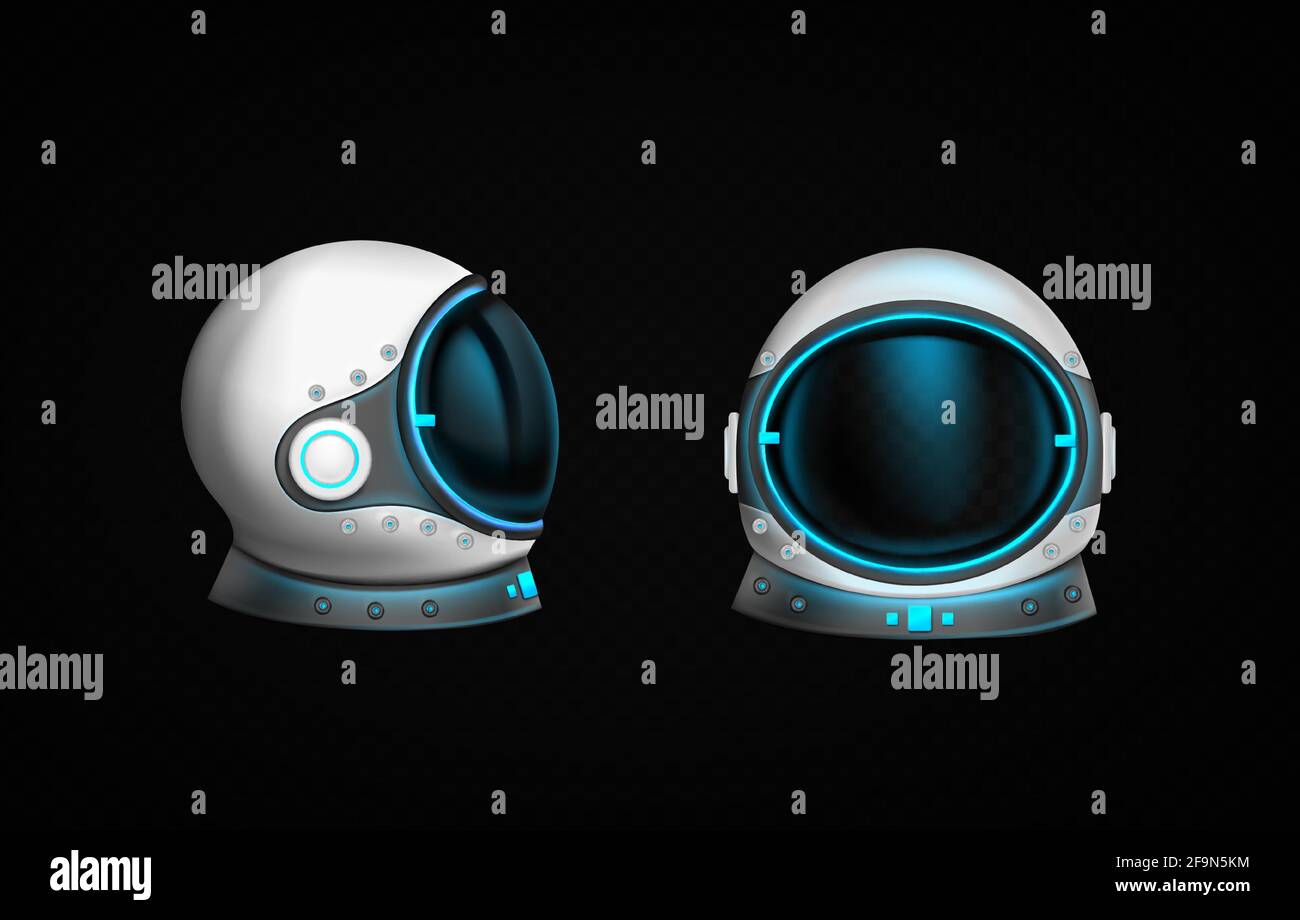 Astronaut helmet with clear glass and blue light in front and side view ...