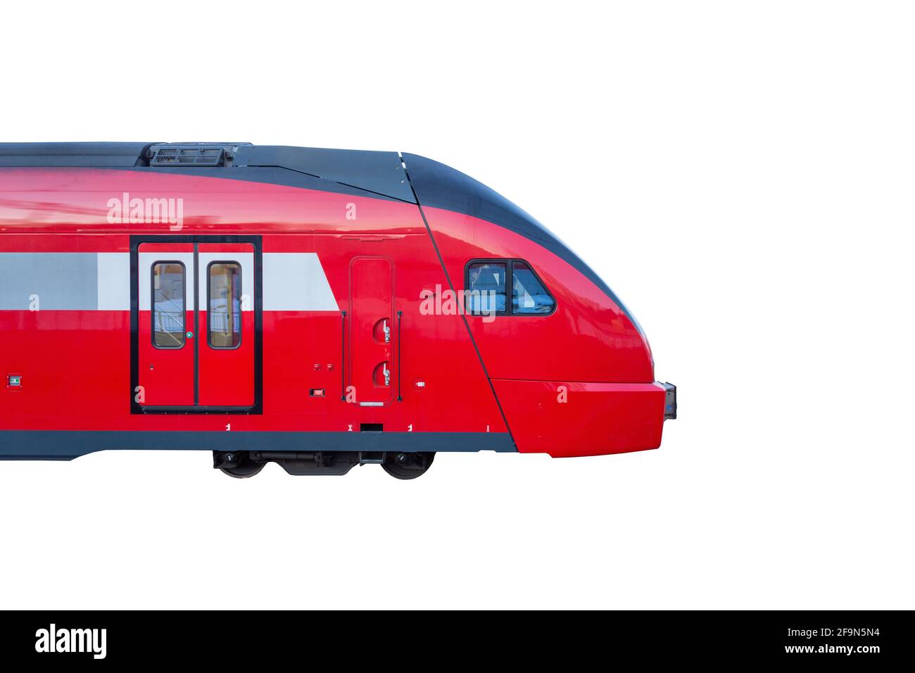 Suburban train passing at high speed, side view. Isolated on white ...