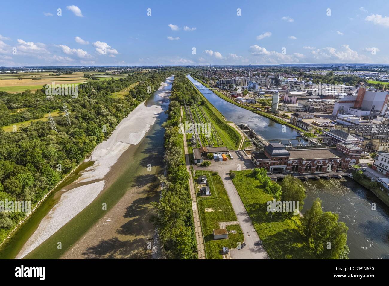 Aerial view to the Gersthofen hydroelectric power plant on the Lech ...