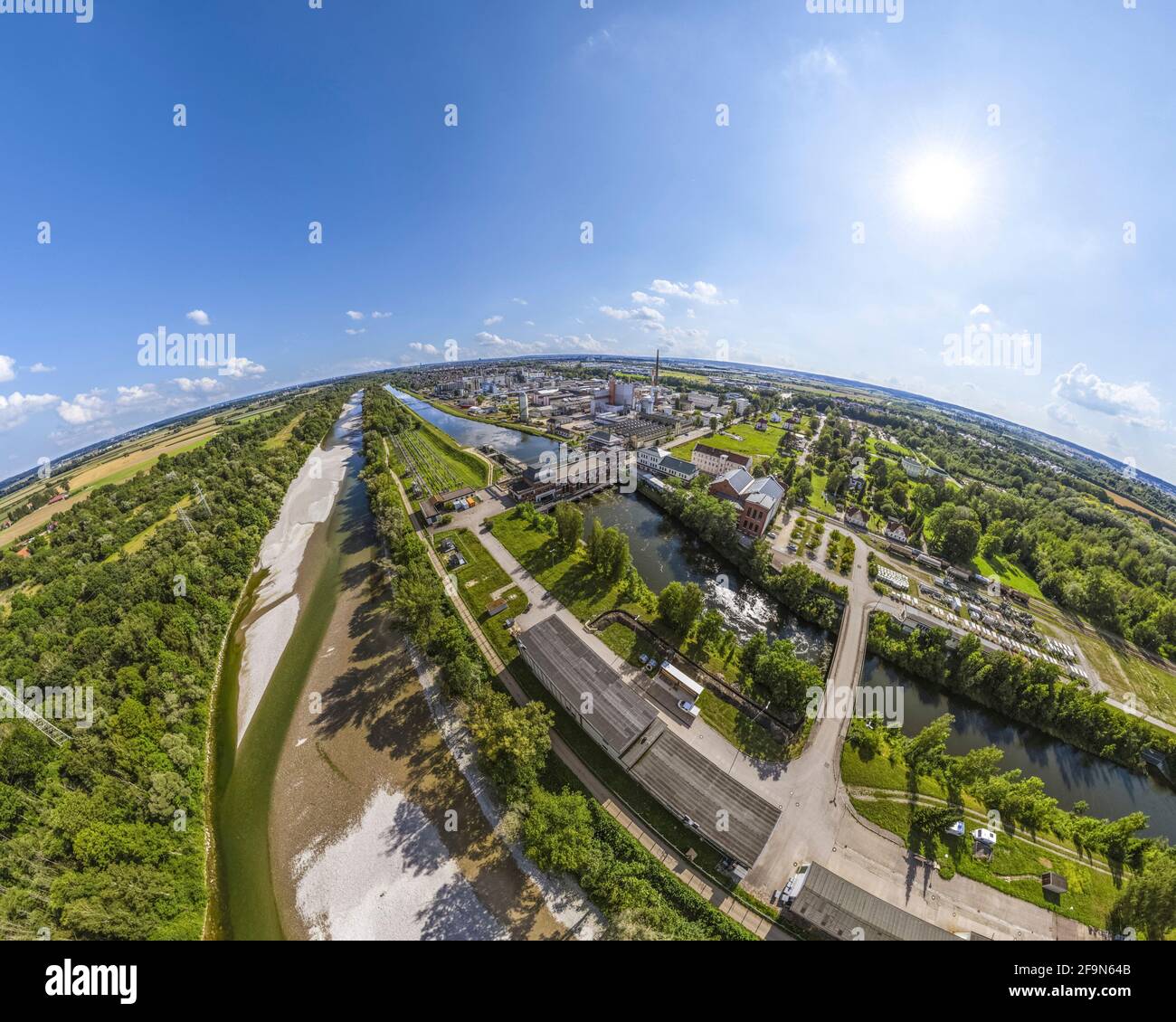 Aerial view to the Gersthofen hydroelectric power plant on the Lech ...