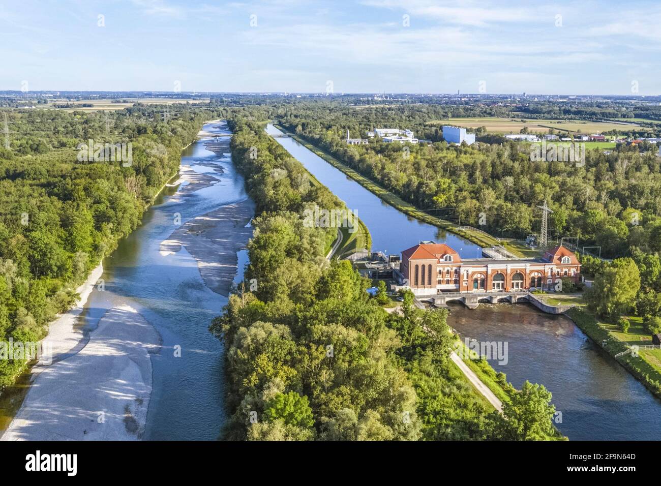 Aerial view to the Langweid hydroelectric power plant on the Lech Canal ...