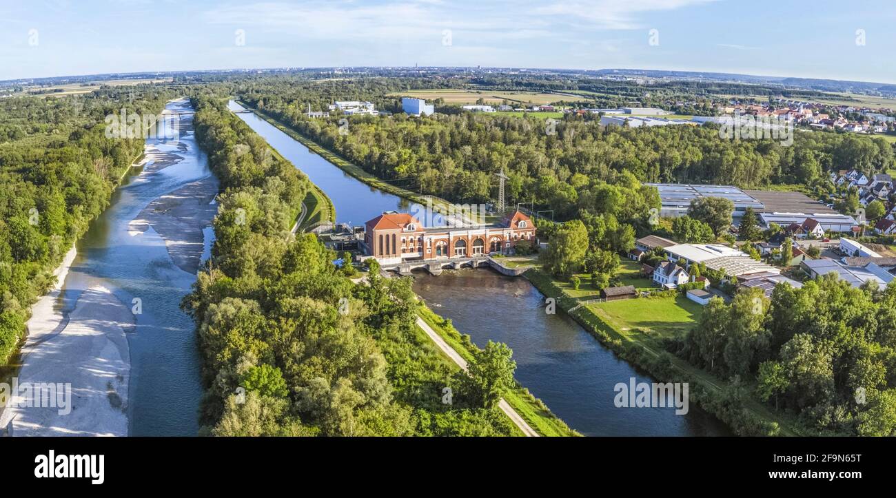Aerial view to the Langweid hydroelectric power plant on the Lech Canal ...