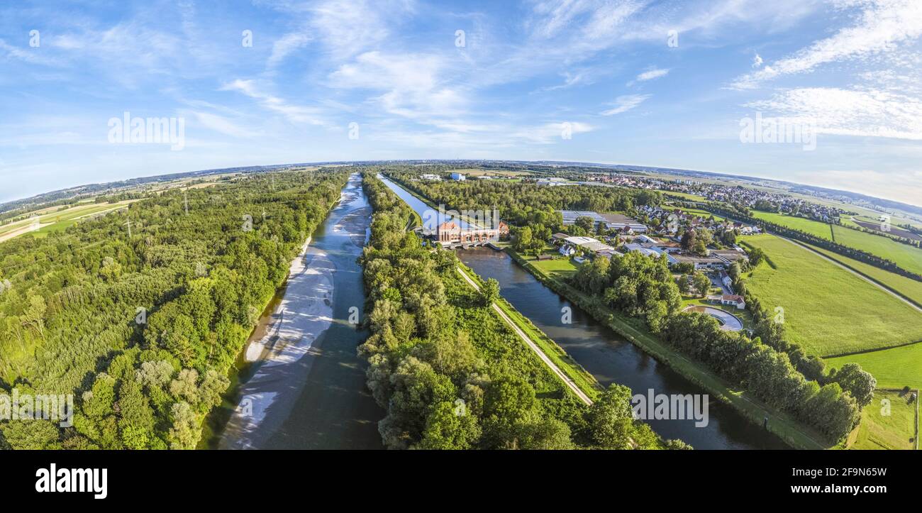 Aerial view to the Langweid hydroelectric power plant on the Lech Canal ...