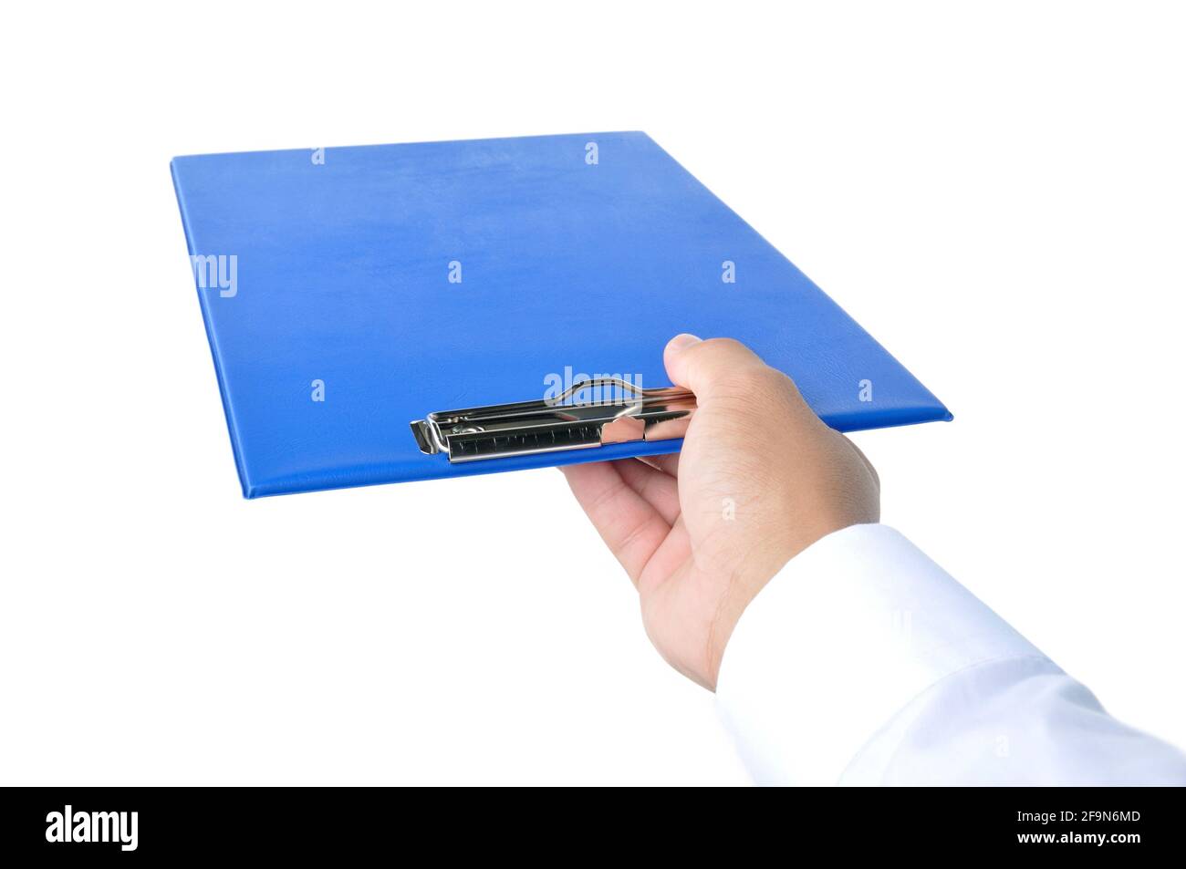 Hand giving a clipboard - on white background Stock Photo - Alamy